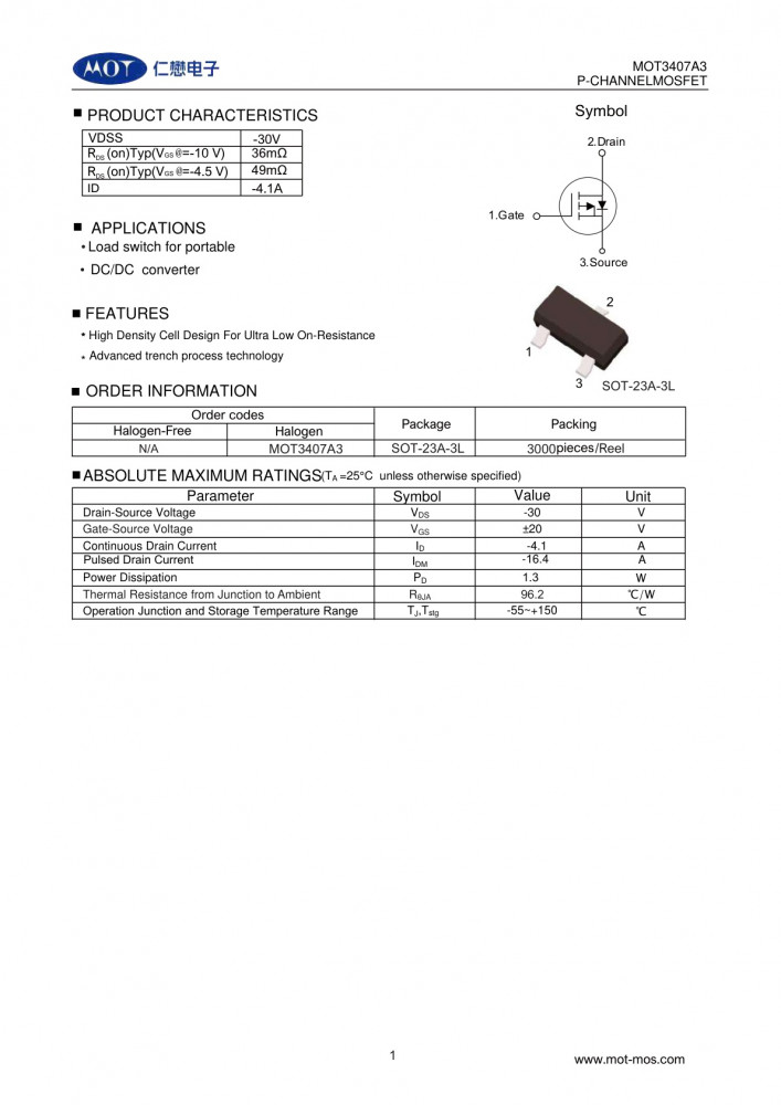 MOT3407A3 datasheet page 1