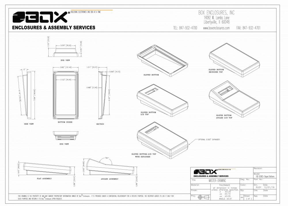 100 Series sloped-bottom enclosure drawing page