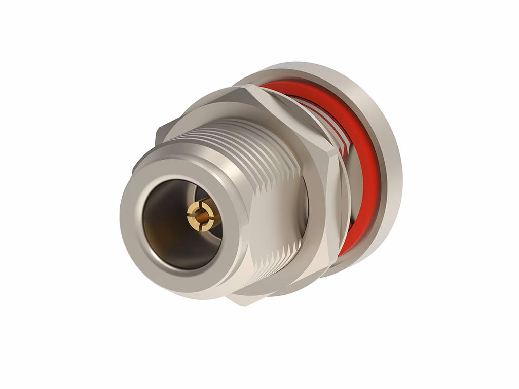 N Jack, Straight, Bulkhead, Crimp, RG-178, RG-196 Cable, Brass Body, Nickel (Ni) Plated, with Jam Nut and Lockwasher, IP68, Tray, 50 Ohms for sale