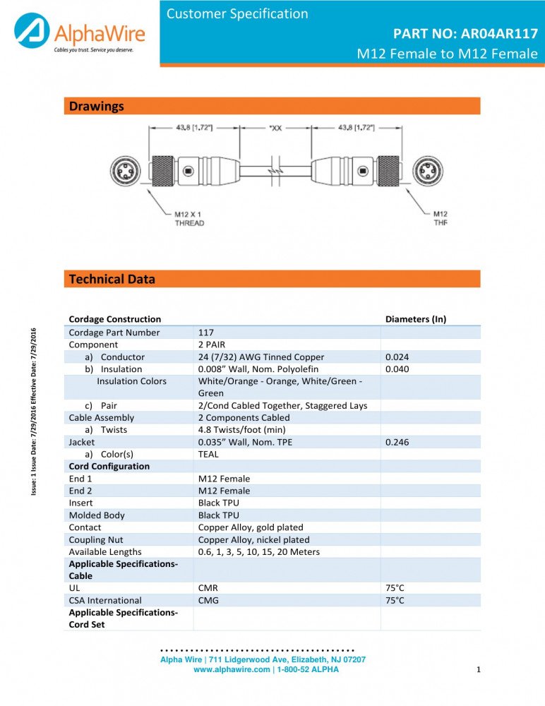 Alpha Wire AR04AR117 TL358 technical drawing and specification page