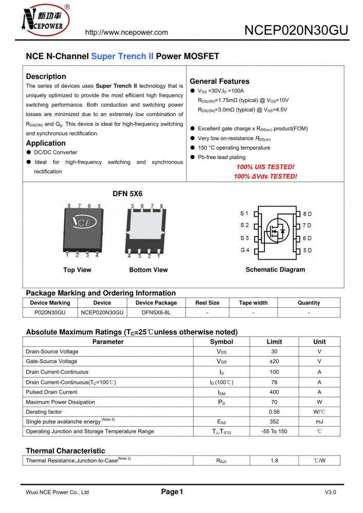 NCEP020N30GU datasheet page 1