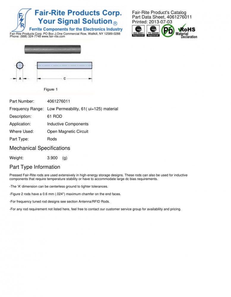 Fair-Rite 4061276011 document page 1