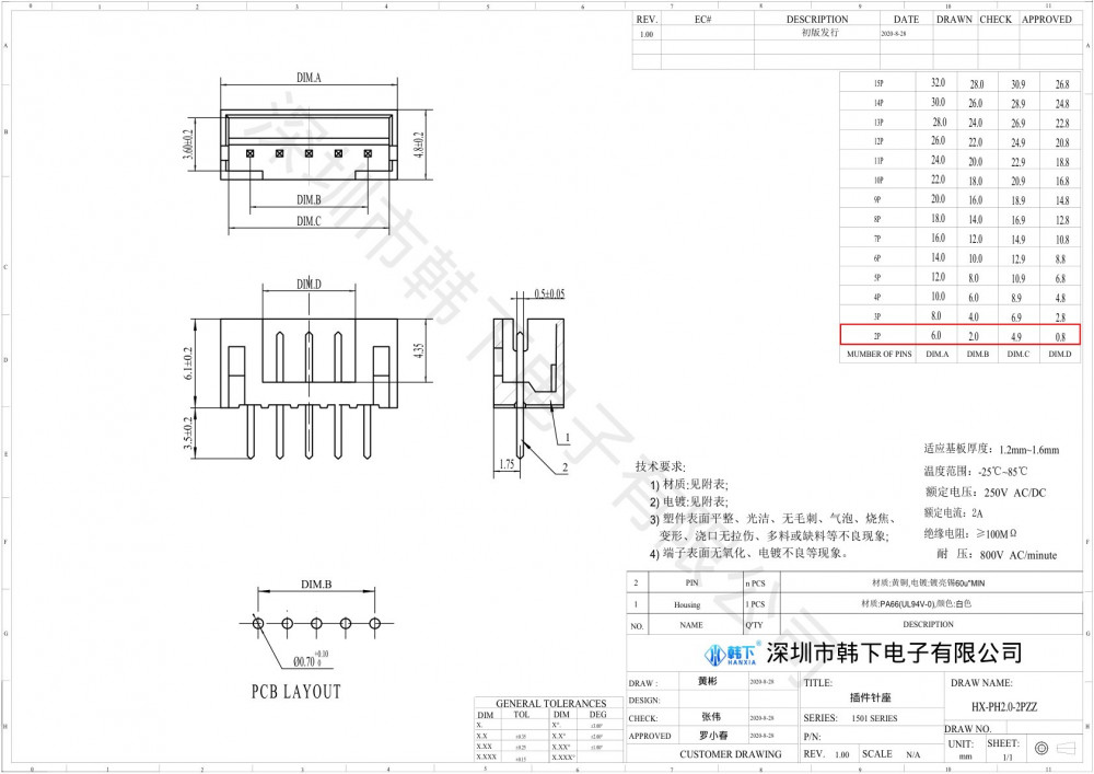 HX-PH2.0-2PZZ technical drawing
