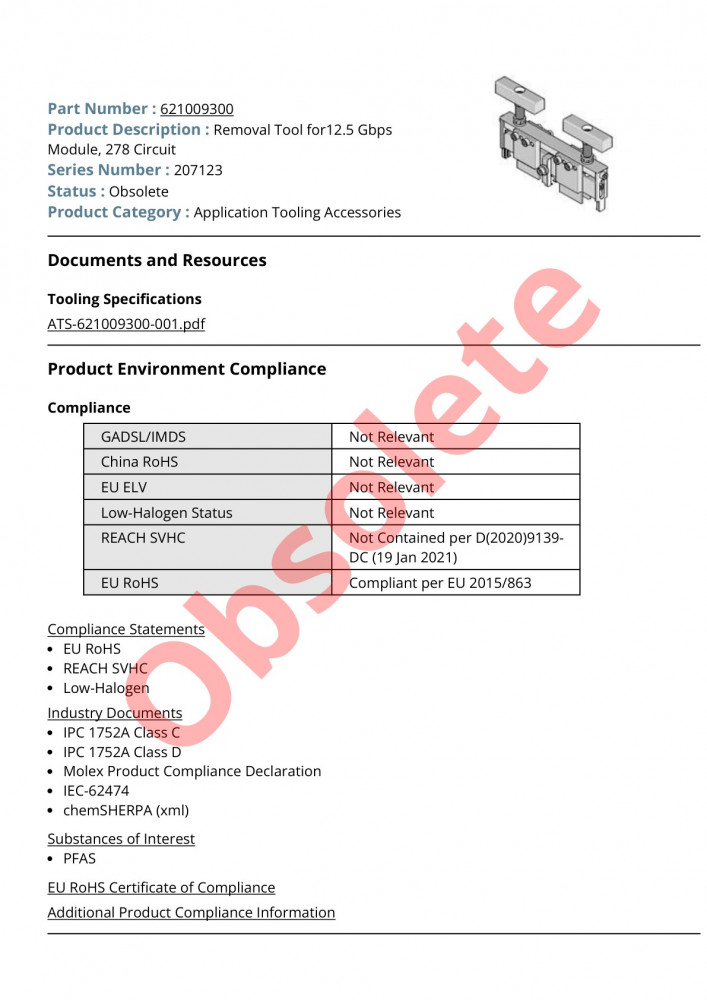 Tooling specification page 1 for Molex 621009300