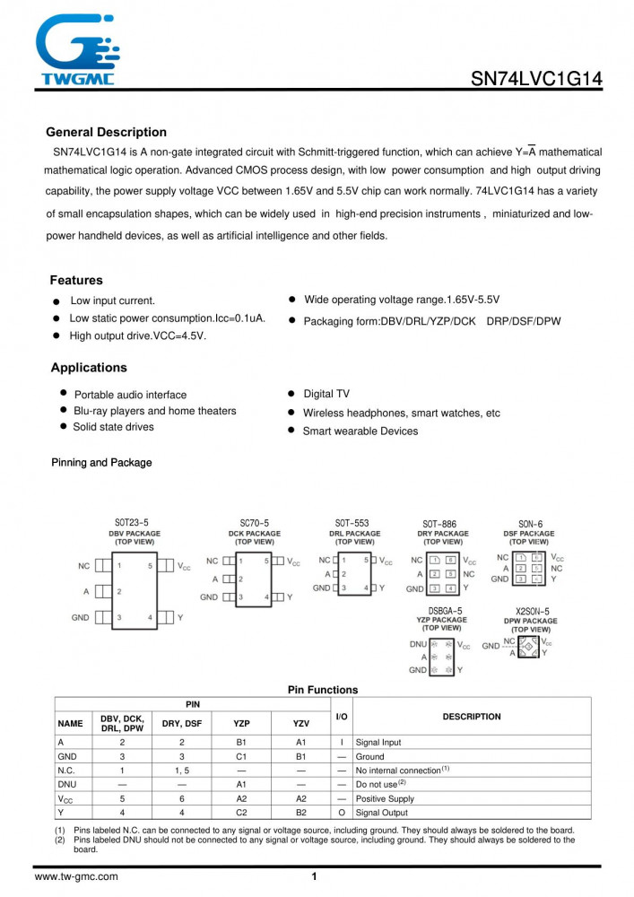 SN74LVC1G14DCKR technical document page 1