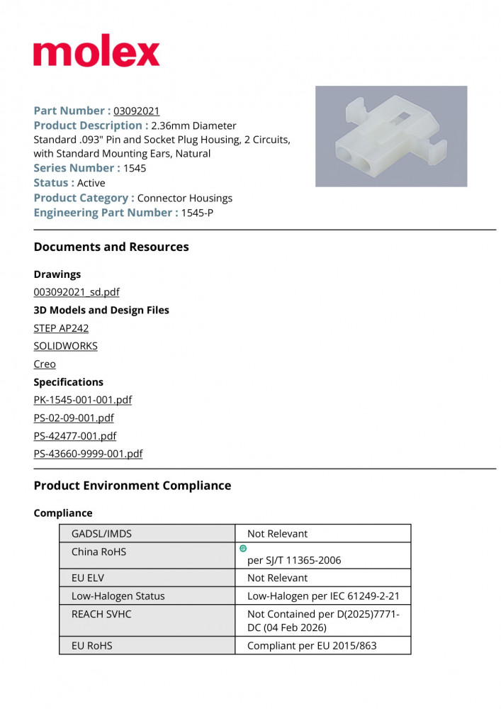 MOLEX product specification reference page 1