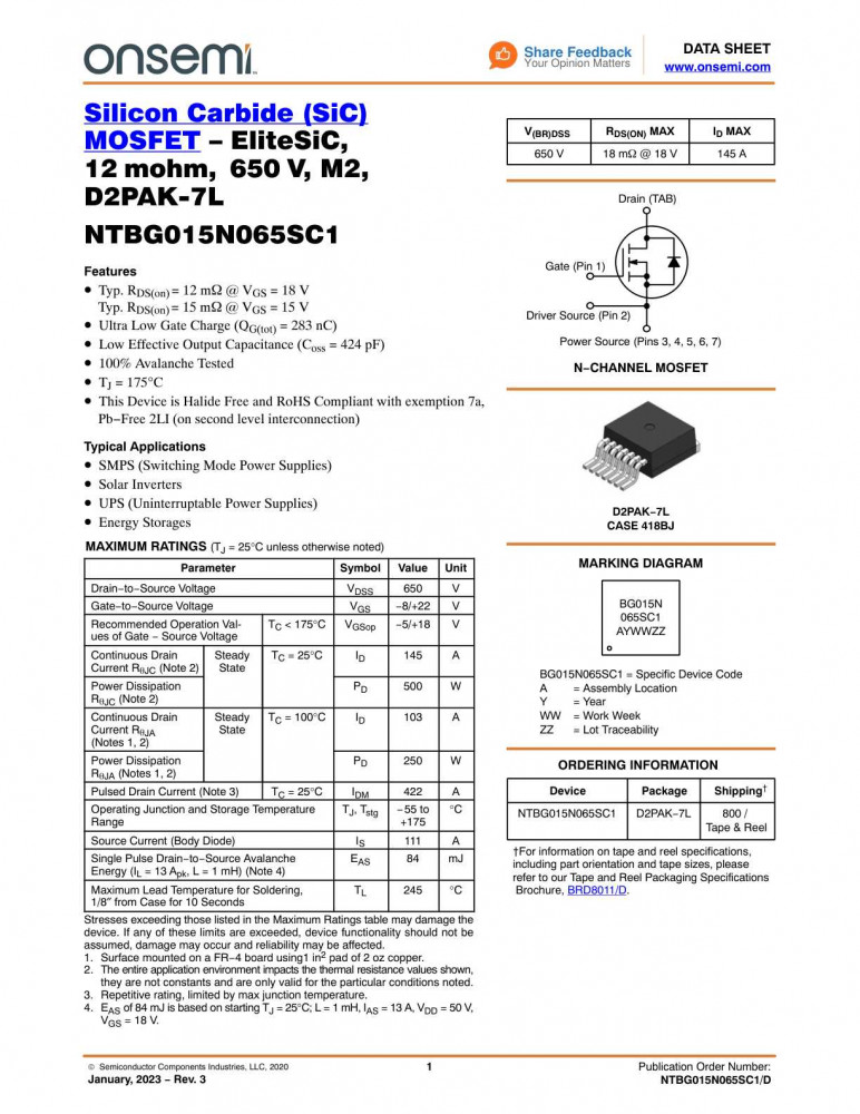 NTBG015N065SC1 datasheet preview, page 1