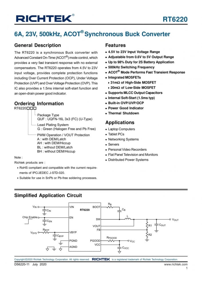 RT6220AHGQUF datasheet page 1