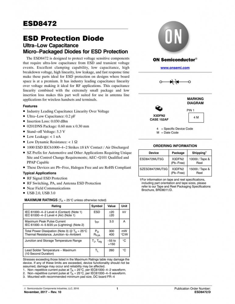 ESD8472MUT5G datasheet page 1