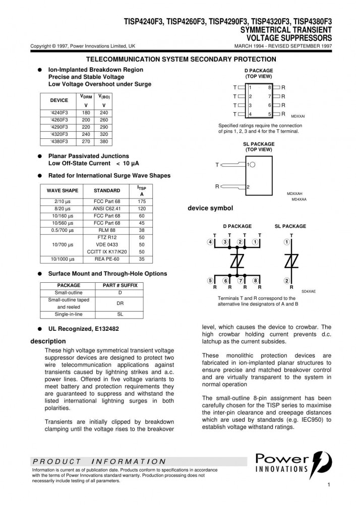 TISP4290F3DR-S datasheet page 1