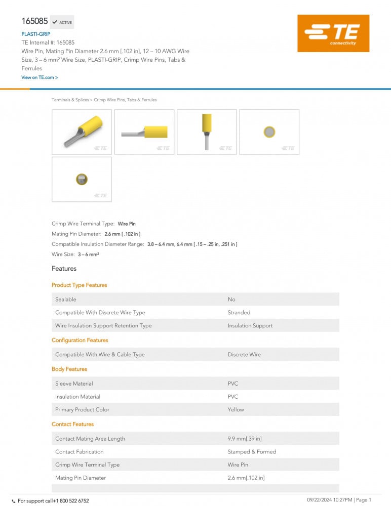TE Connectivity 165085 technical document page 1