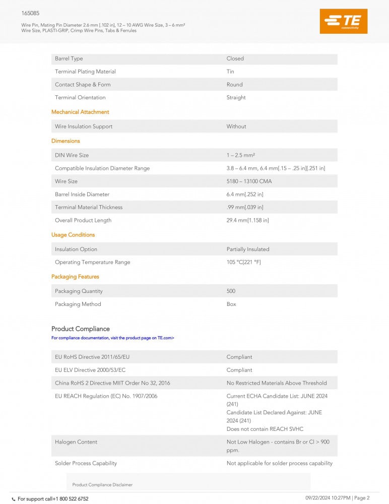 TE Connectivity 165085 technical document page 2