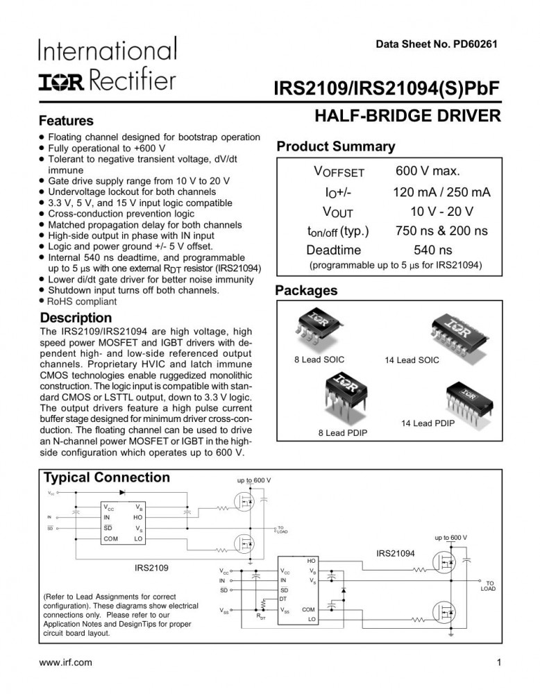 IRS2109STRPBF datasheet page 1