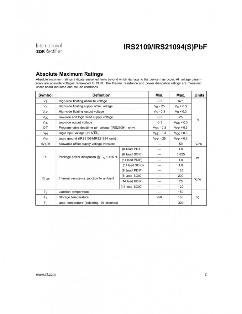 IRS2109STRPBF datasheet page 2