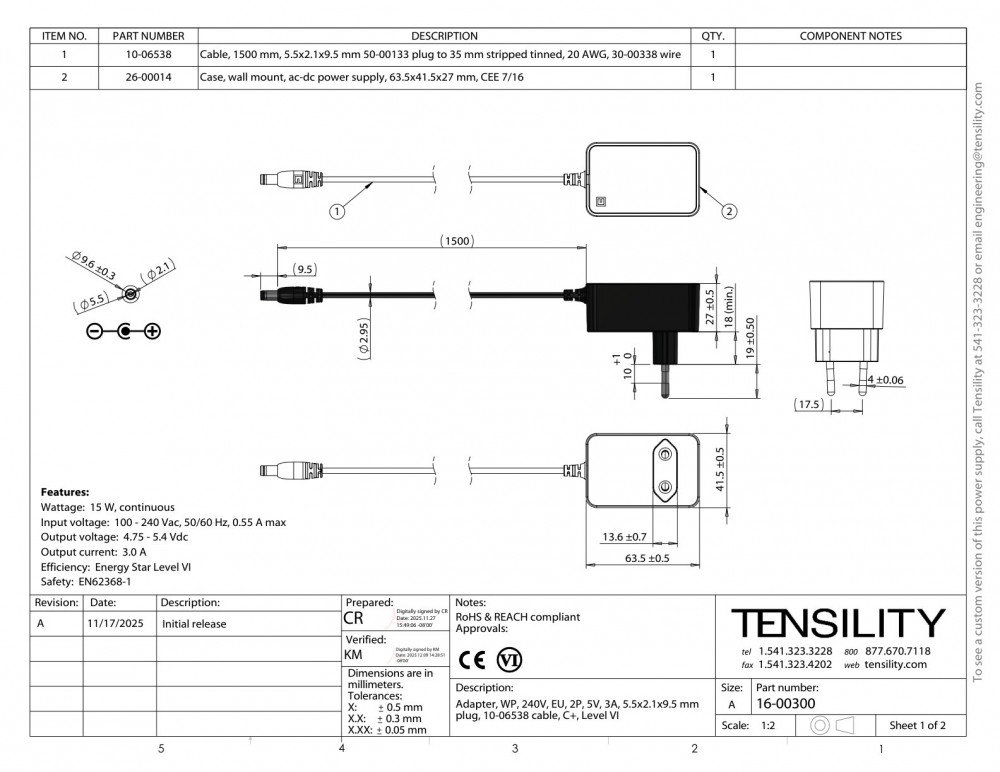 Tensility International 16-00300 product specification sheet, page 1