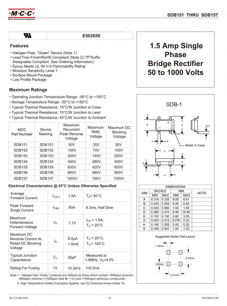 MCC SDB153-TP datasheet page 1