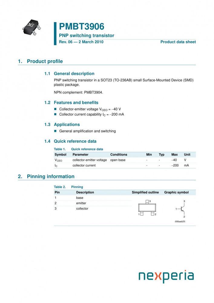 PMBT3906 datasheet page 1