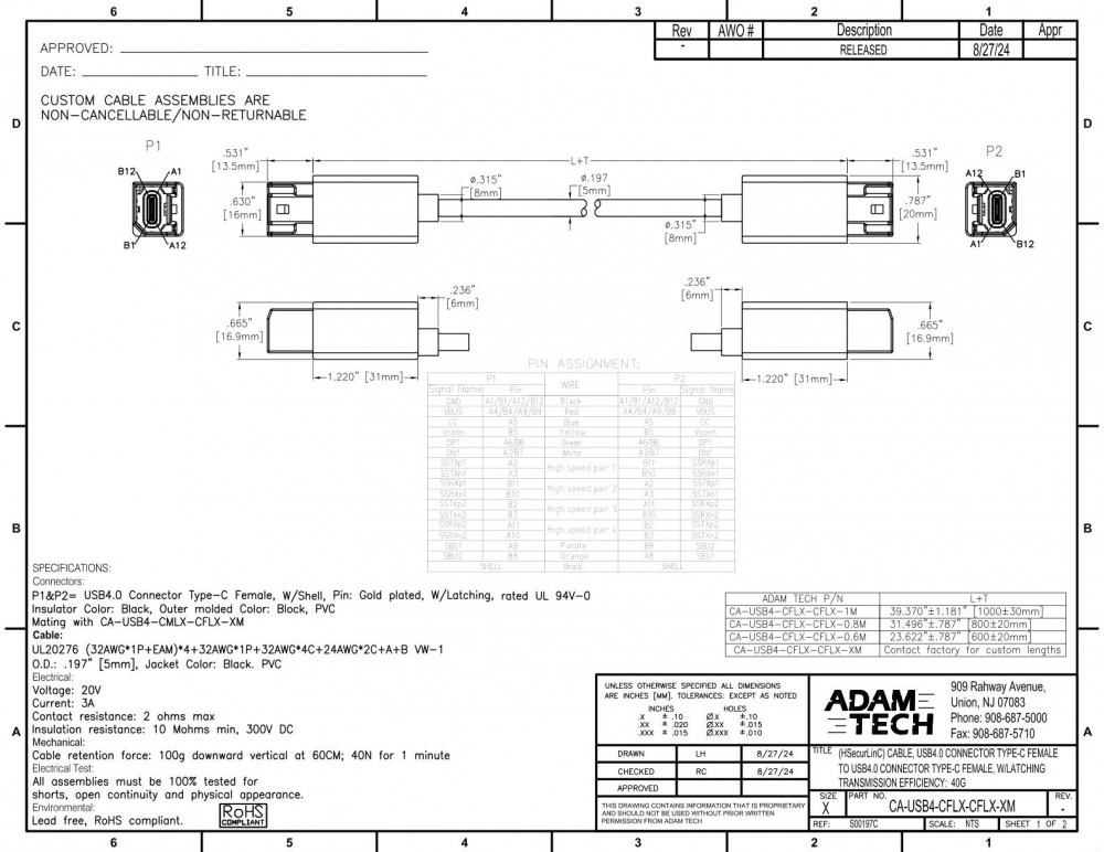 ADAM TECH USB4 cable assembly drawing preview, sheet 1