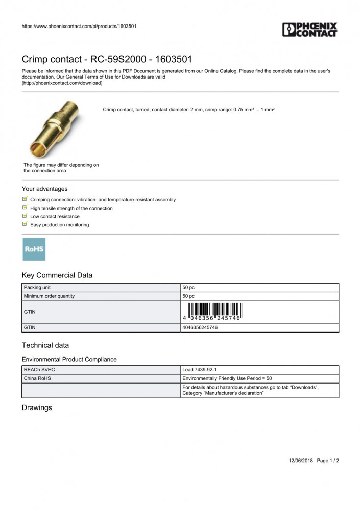 Phoenix Contact RC-59S2000 item 1603501 product document page 1