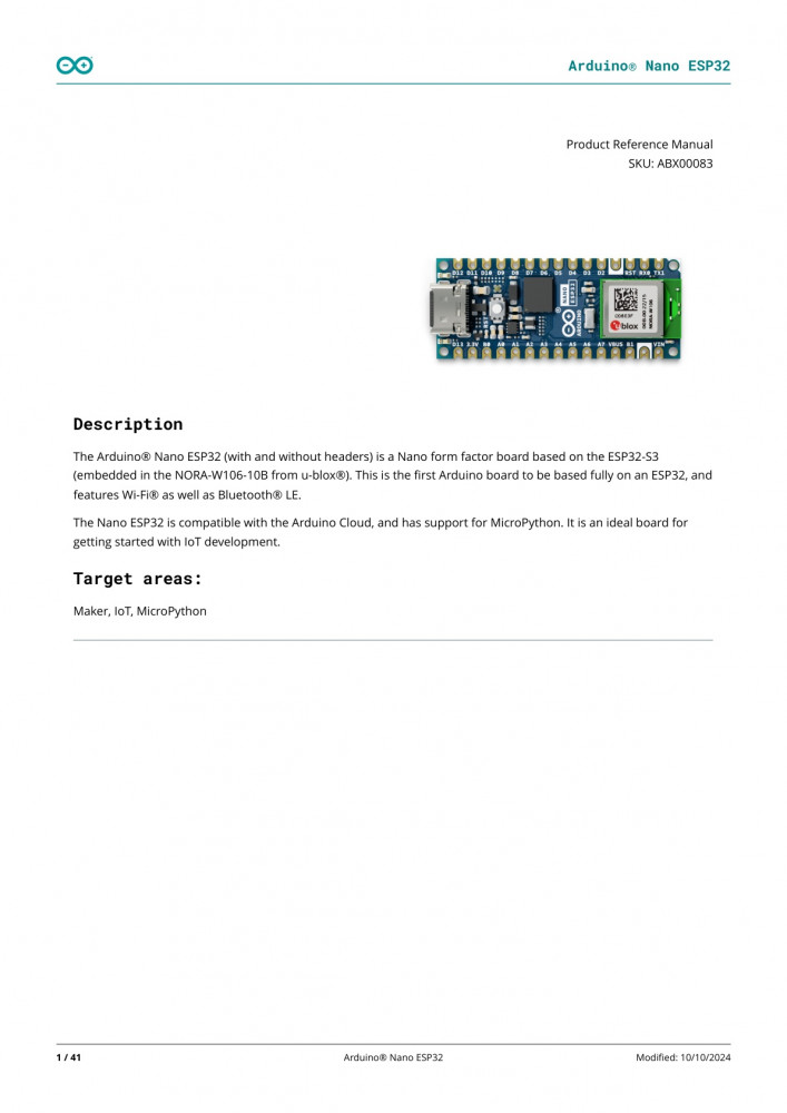 Arduino Nano ESP32 document page 1