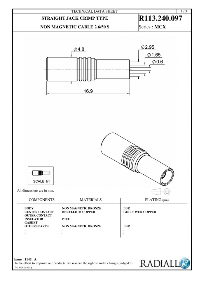 Radiall R113.240.097 product drawing and construction data