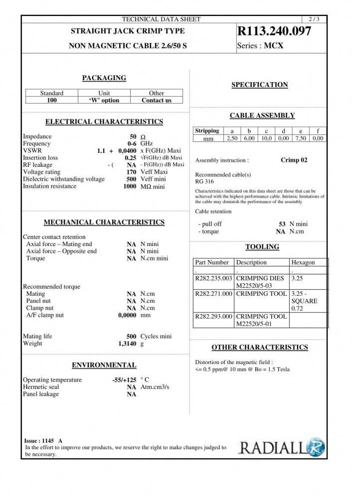 Radiall R113.240.097 electrical and mechanical specifications