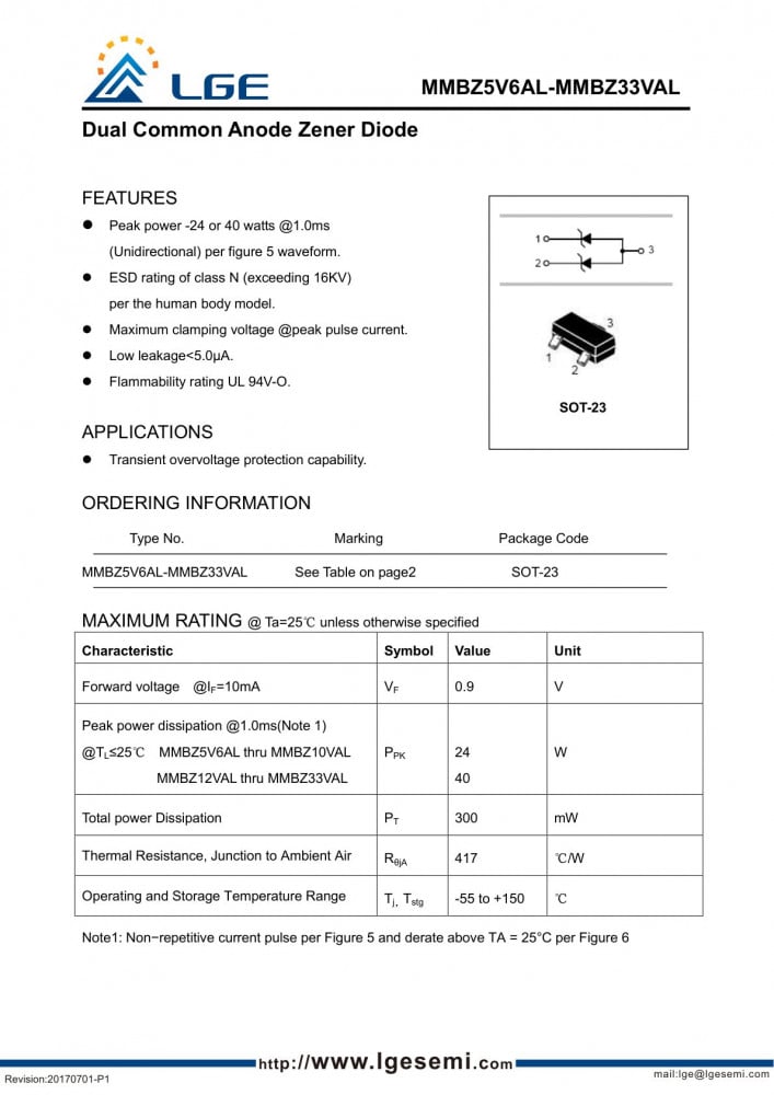 MMBZ18VAL datasheet page 1