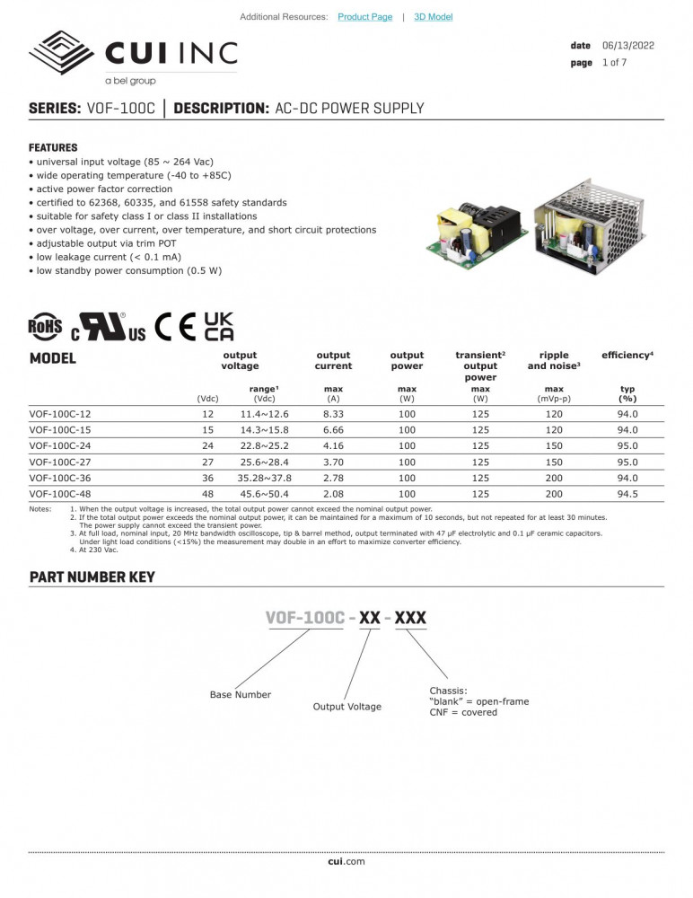 CUI VOF-100C datasheet page 1