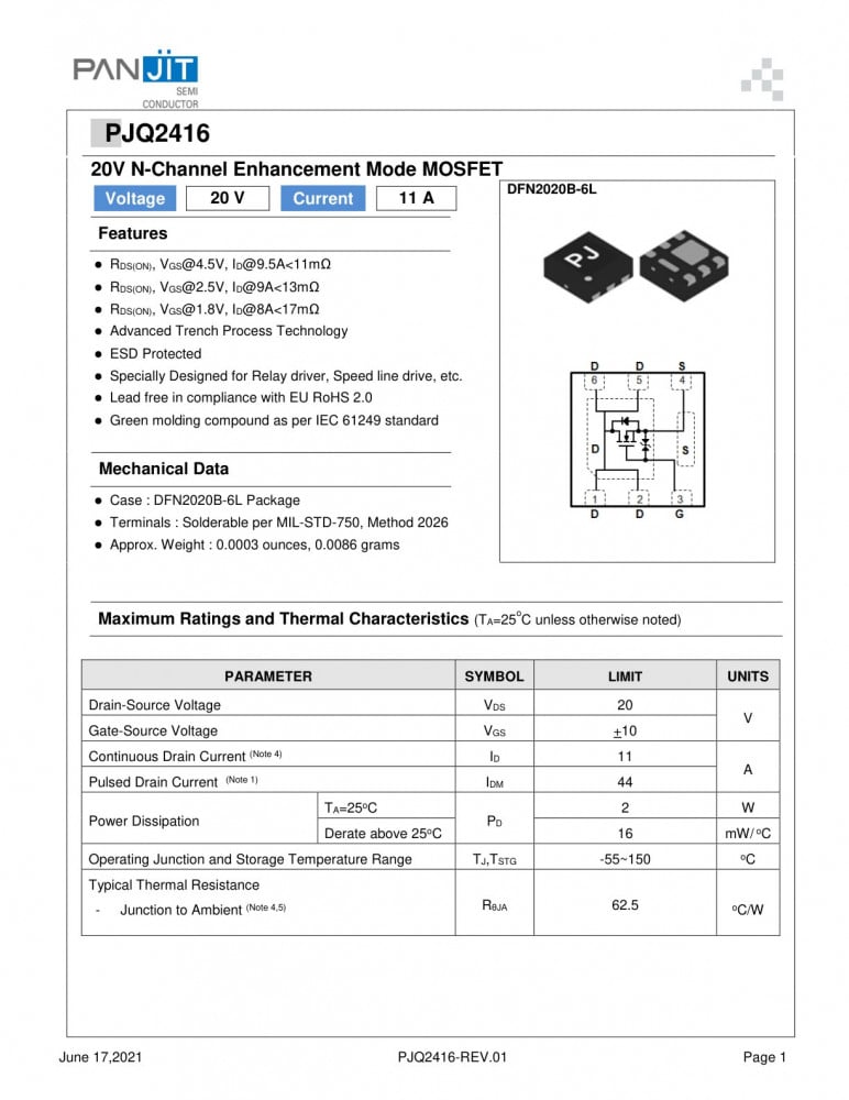 PJQ2416 datasheet page 1