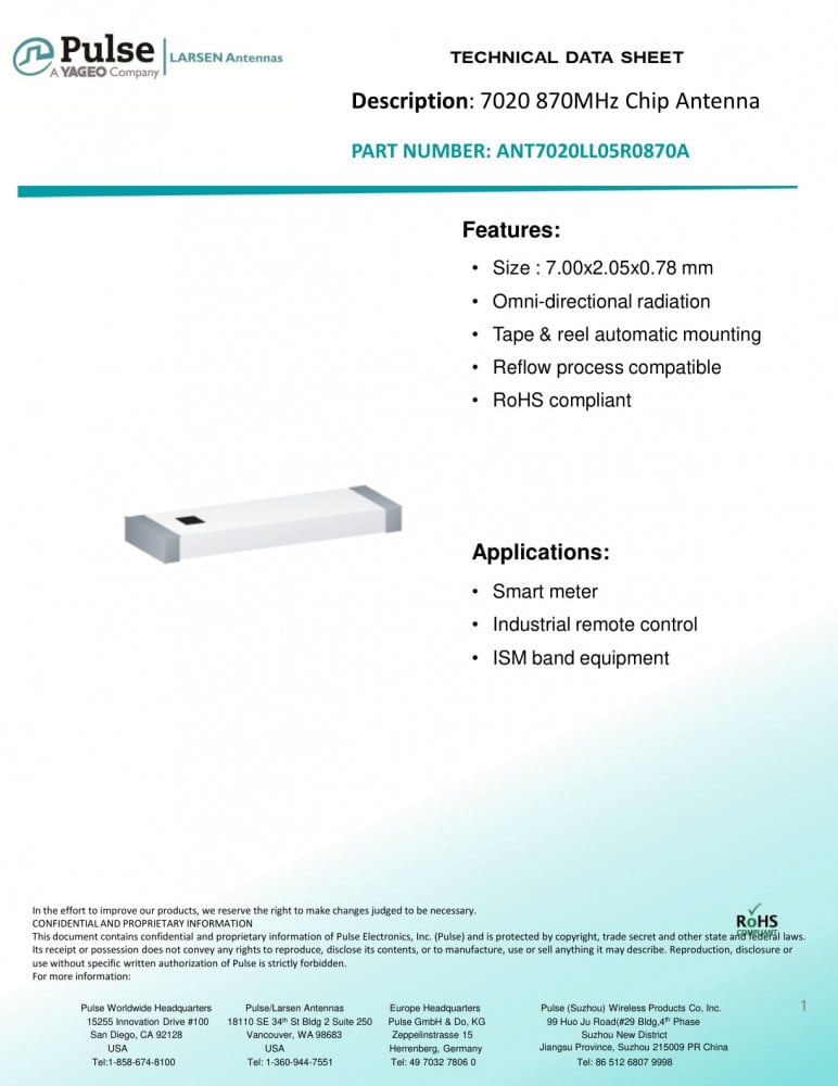 ANT7020LL05R0870A technical document page 1