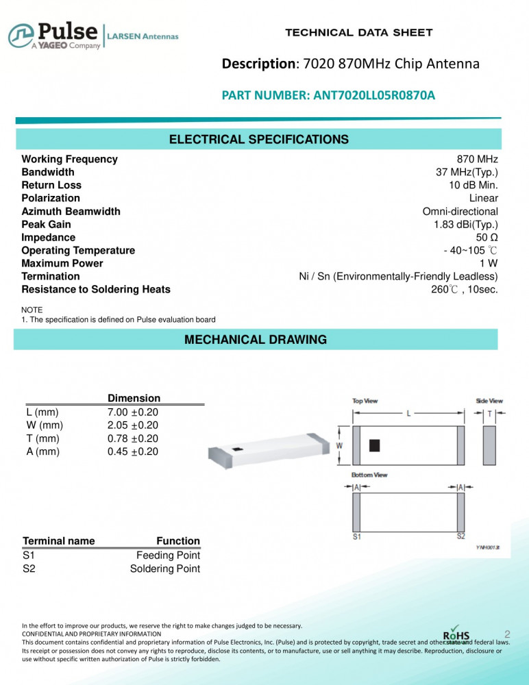 ANT7020LL05R0870A technical document page 2