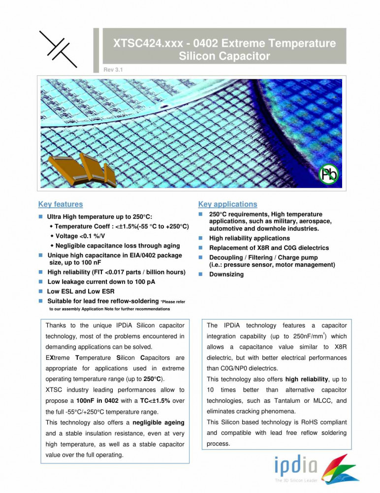 Technical document page 1 for the XTSC silicon capacitor family