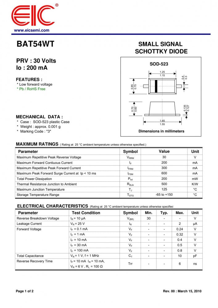 EIC BAT54WT datasheet page 1