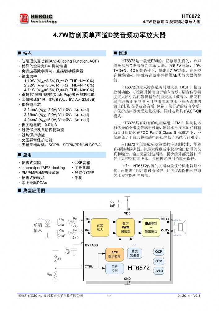 HT6872 datasheet page 1