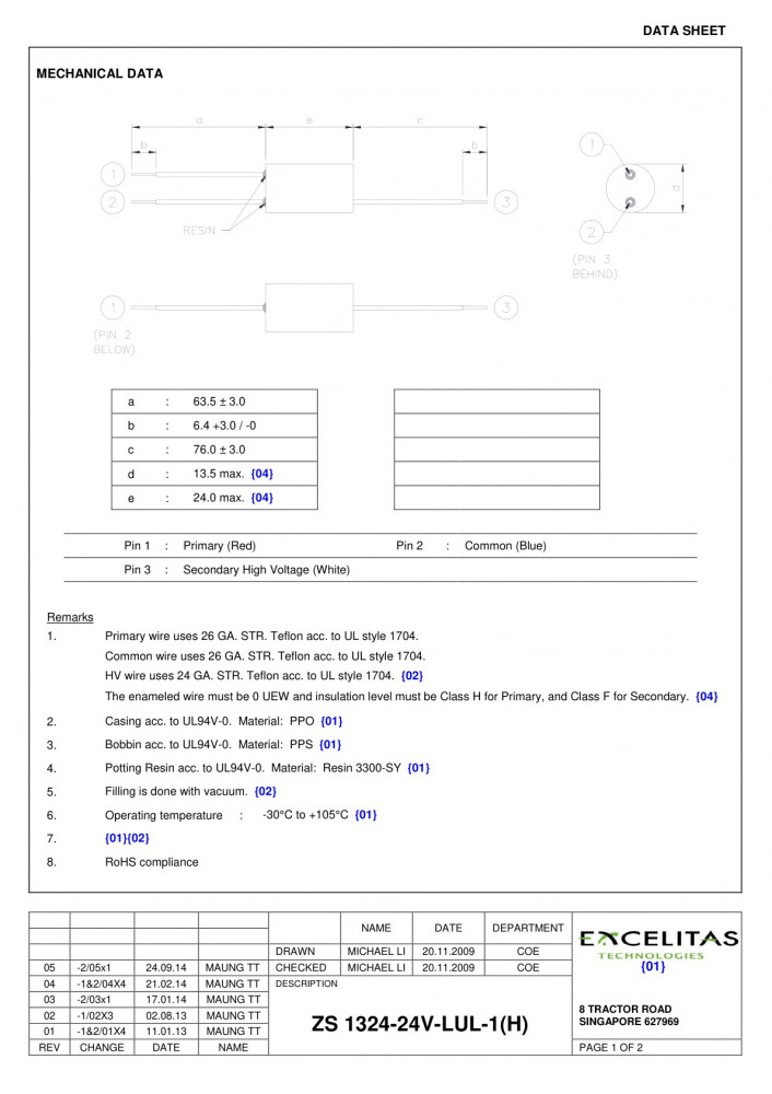 ZS1324-24V LUL1(H) mechanical data, dimensions, pin assignment and construction notes