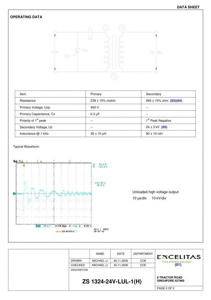 ZS1324-24V LUL1(H) operating data and typical unloaded high-voltage waveform