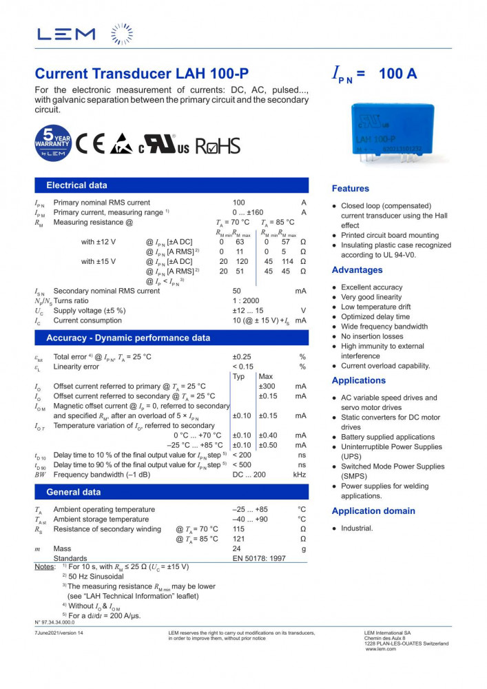 LEM LAH100-P datasheet page 1