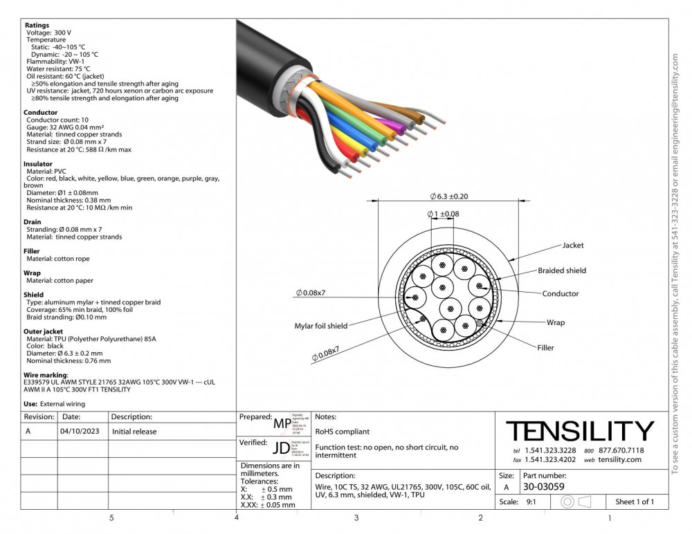 Product drawing for Tensility International cable 30-03059