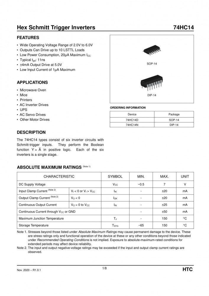 74HC14N datasheet page 1