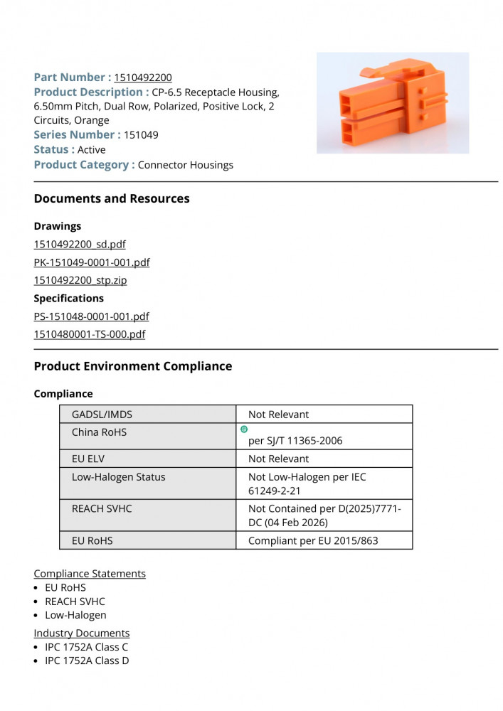 Molex CP 6.5 connector specification page 1