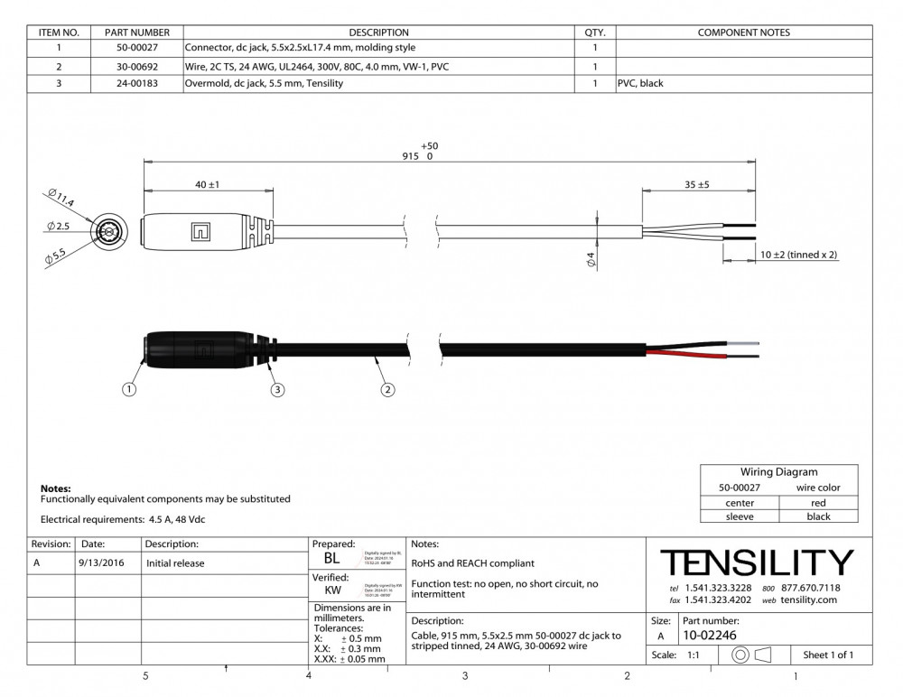 Tensility International 10-02246 product drawing showing cable assembly, dimensions, wiring, and notes