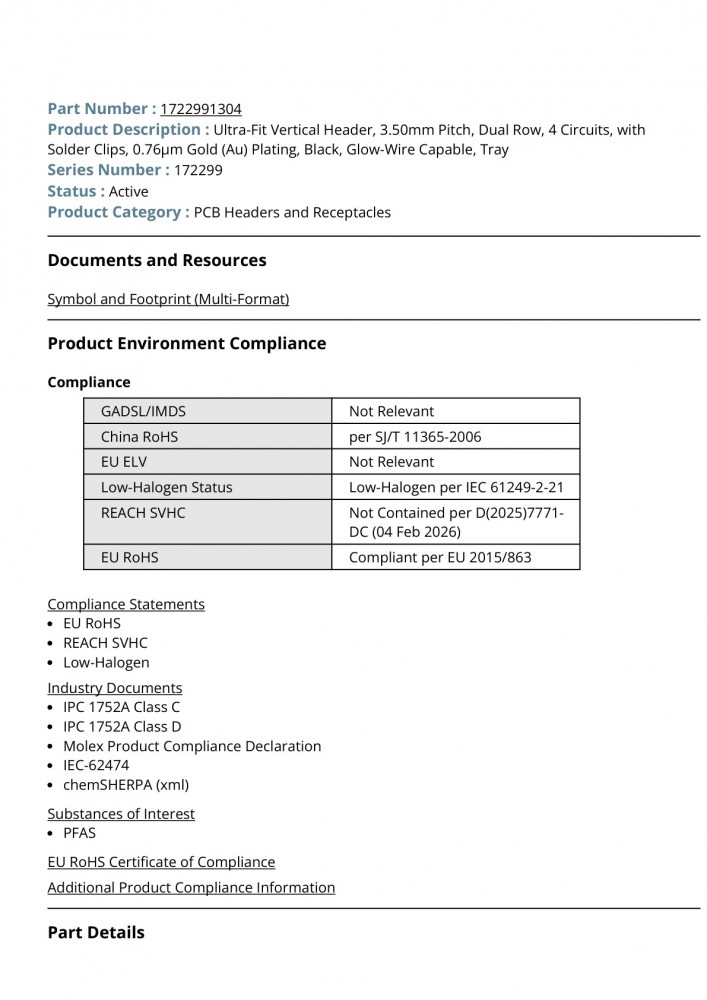 Technical document page 1 for Molex 1722991304