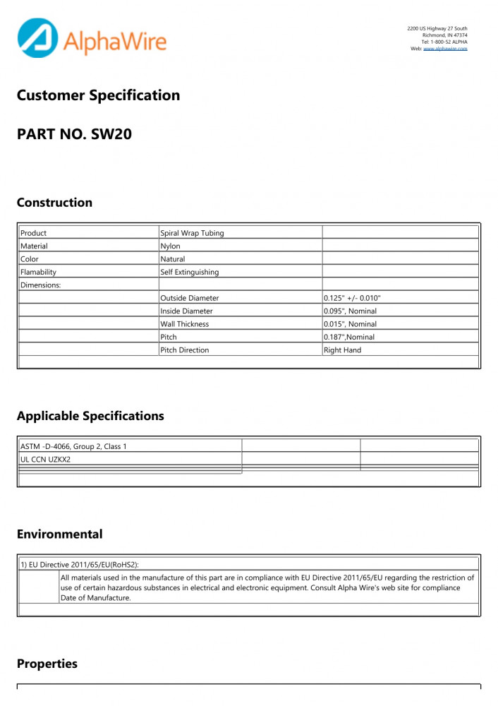 SW20 NA002 technical specification page 1