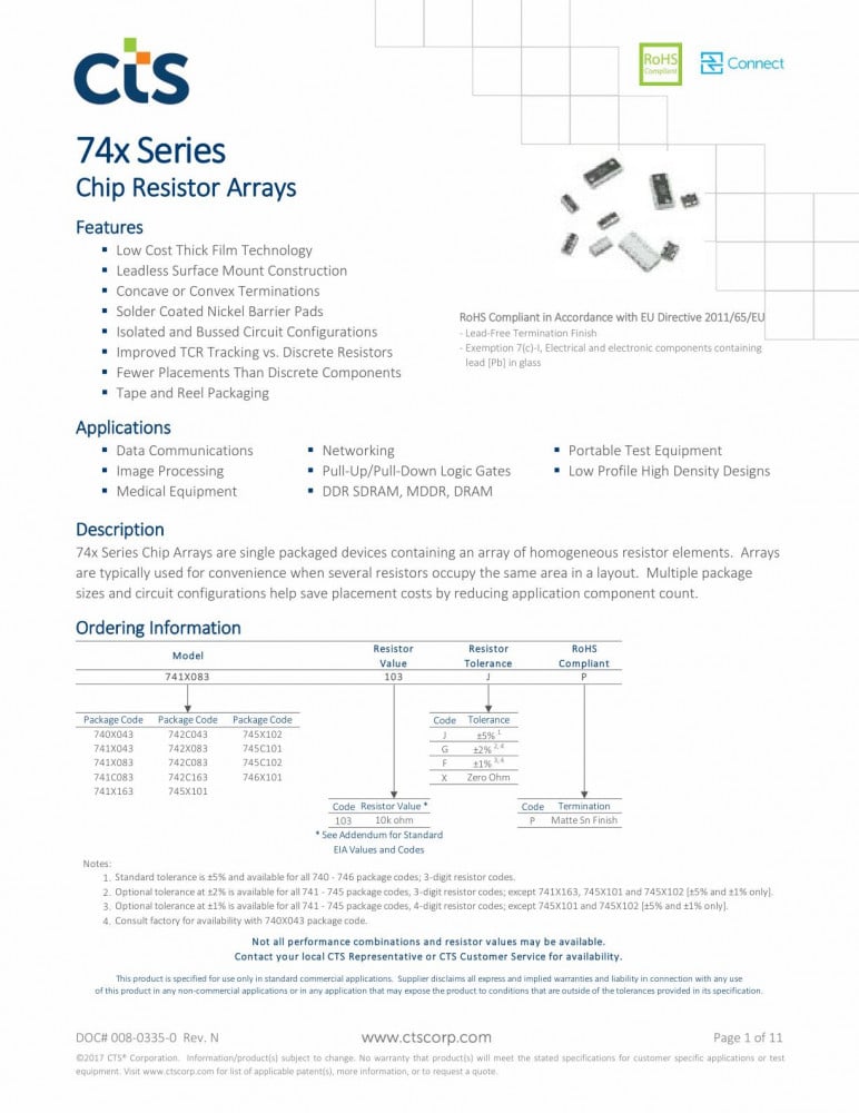CTS 74x resistor array datasheet page 1