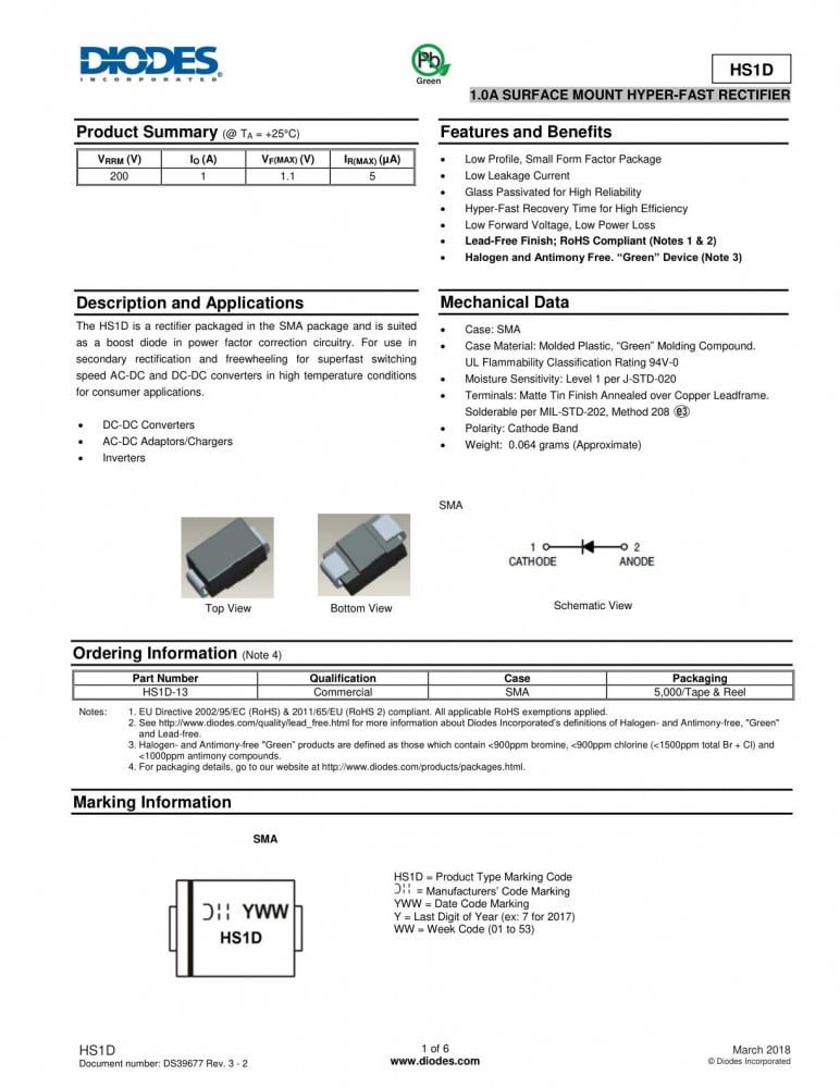 HS1D-13 datasheet page 1