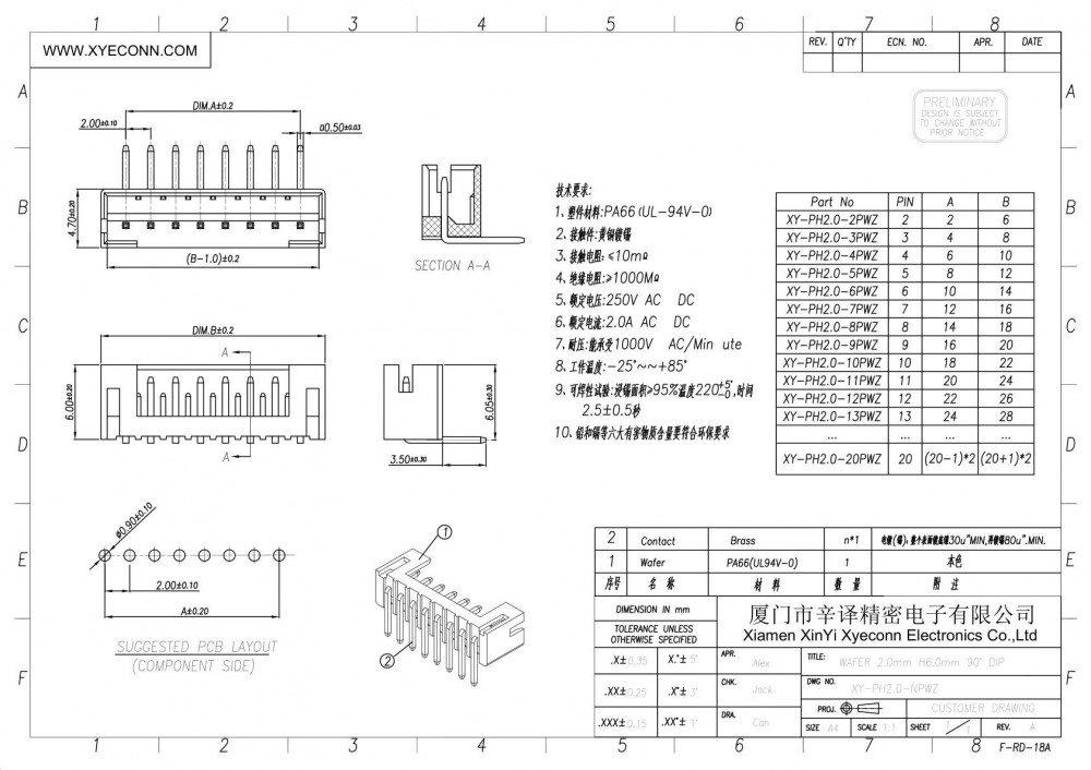 XY-PH2.0-3PWZ technical drawing preview