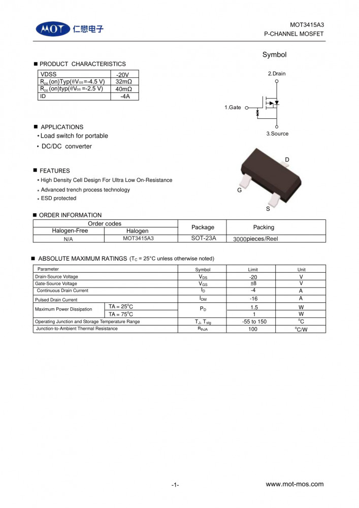 MOT3415A3 datasheet page 1