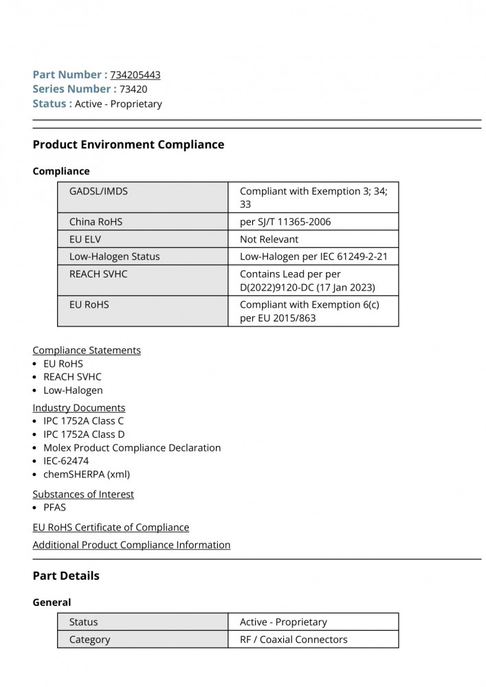 MOLEX 734205443 technical document page 1