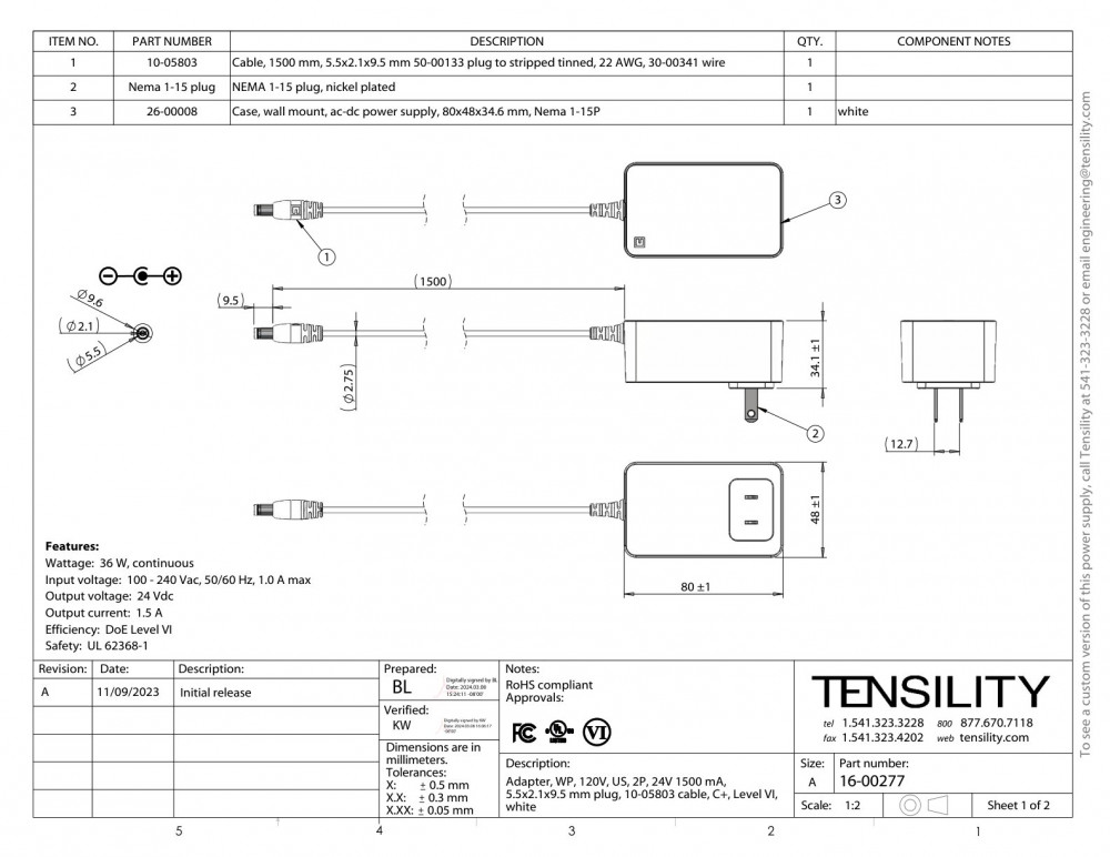 Tensility International 16-00277 product drawing, page 1