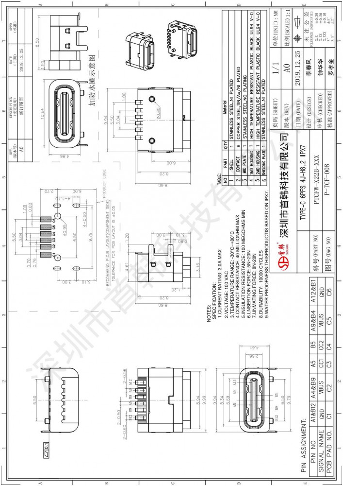 TYPE-C 6PFS 4J-H8.2 IPX7 specification page 1
